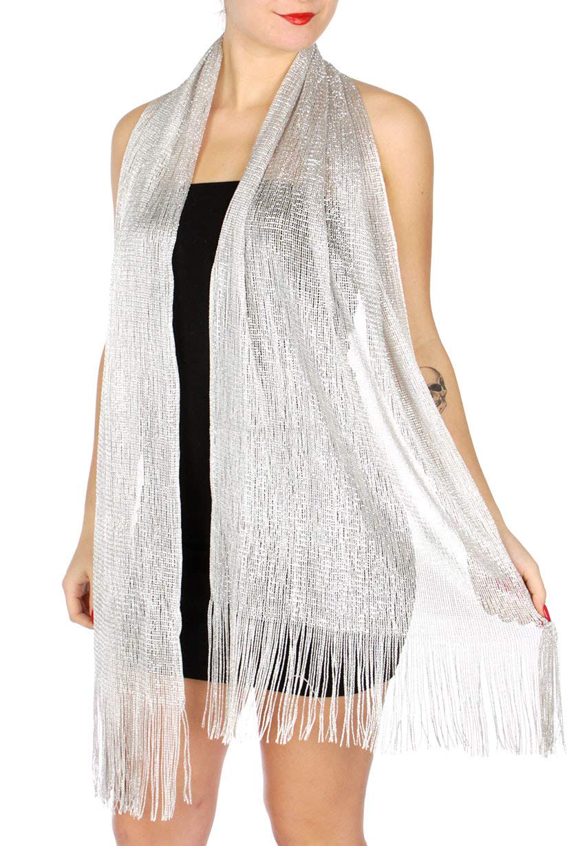 SERENITA Evening Shawl Wrap for Dress. Large Metallic Wedding Bridal Party Fishnet Soft Scarf (Silver)