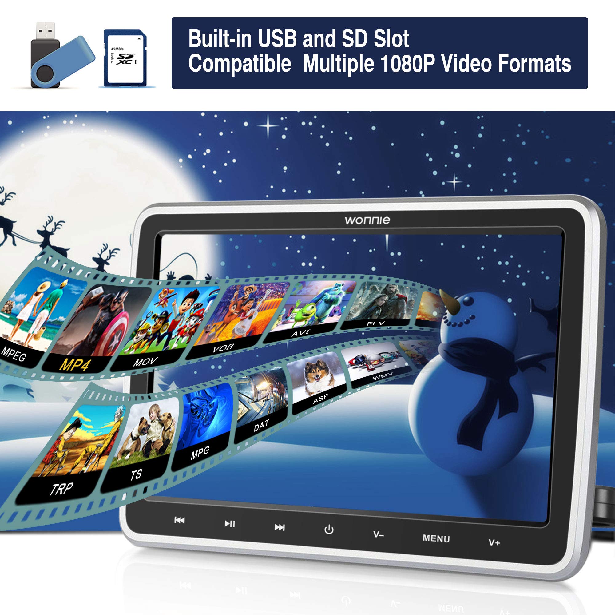 WONNIE 10.5’’ Car DVD Player with Headrest Mount, HDMI Input, 1080P Video Support, Headphone, AV in / Out, USB /SD, Regions Free, Last Memory