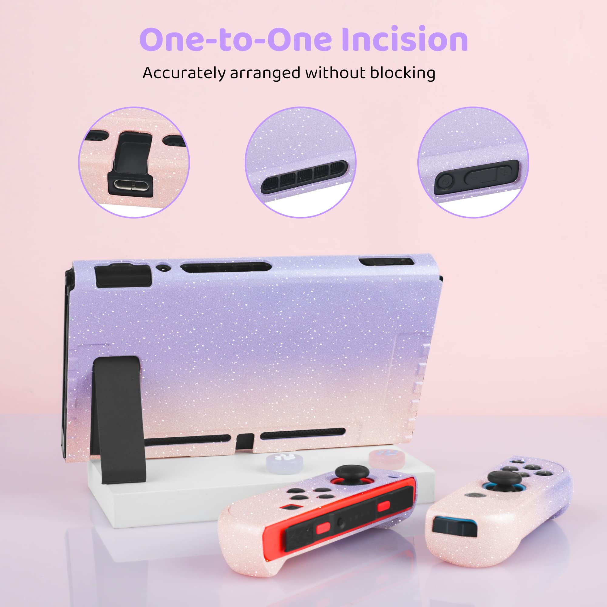 RHOTALL Cute Case for Nintendo Switch, Switch Accessories Kawaii Protective Cover Case for Switch and Joycon Controller with 2 Glitter Cute Cat Claw Thumb Grips (Pink & Purple)