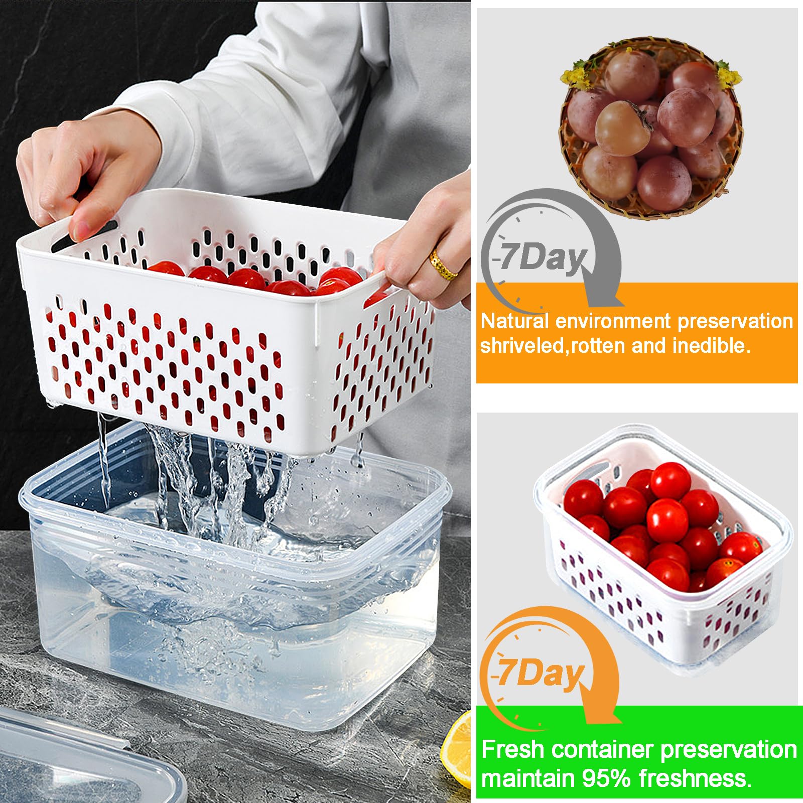 Ronanemon 3Pack Fridge Food Storage Container Set with Lids with Strainer,Plastic Fresh Produce Saver Vegetable Fruit Meat Storage Organization, BPA-Free Plastic Produce Keepers(3.15L+1.7L+0.8L)