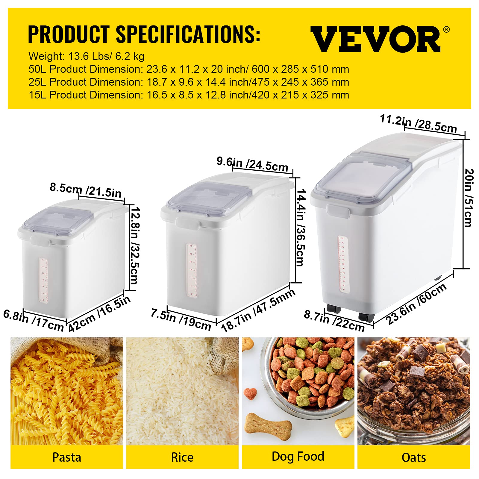 VEVOR Ingredient Storage Bin, 11.4+5.8+3.4 Gal Capacity Shelf Ingredient Bin, 500 Cup Flour Bins on Wheels Commercial Prosave Ingredient Bin with Lid and Scoop Rice Bin for Kitchen White