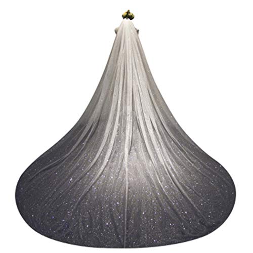Unsutuo Cathedral 1 Tier Bride Wedding Veil Sparkling Long Bridal Tulle Veil with Comb Drop Veil Cut Edge for Bride (118''W, White)