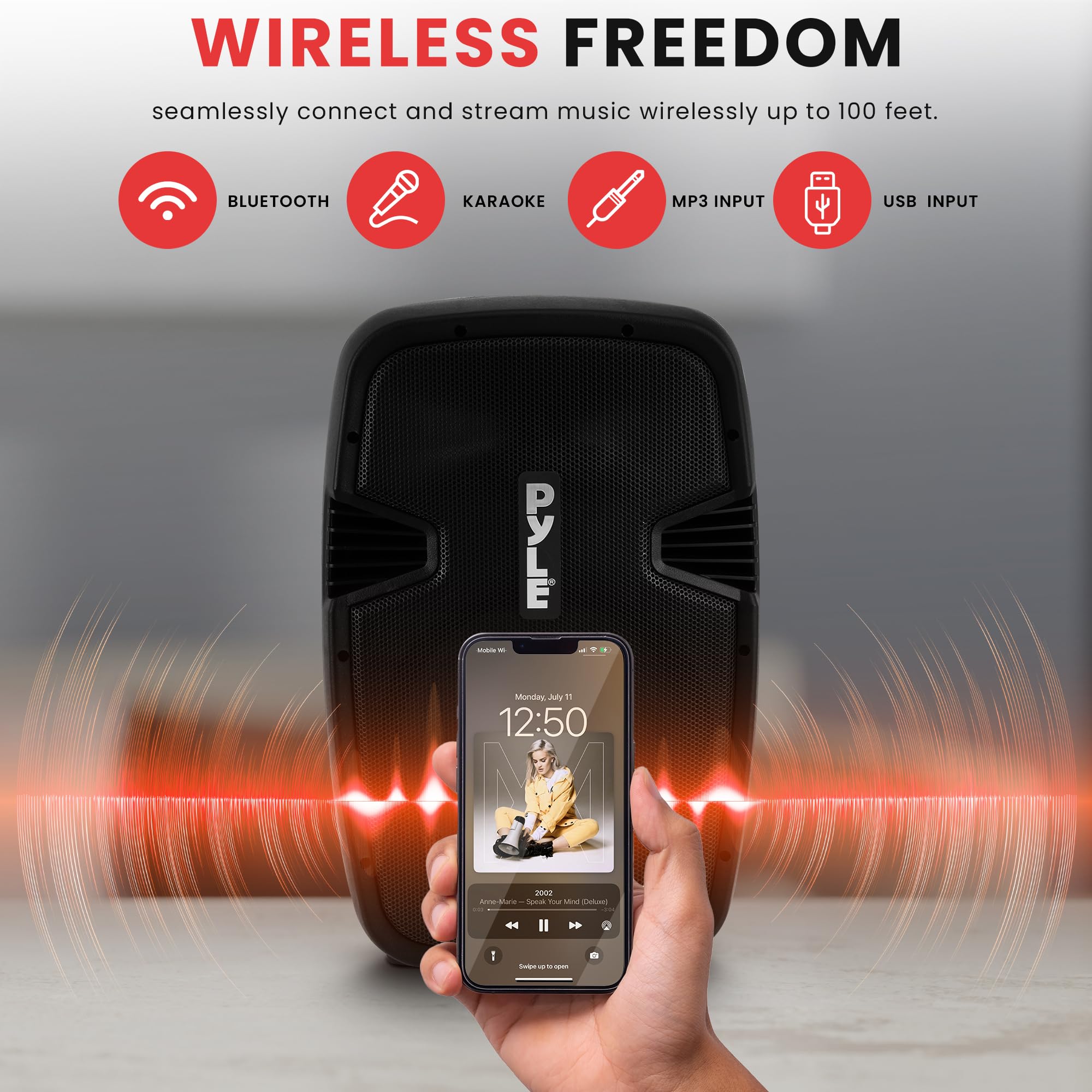 Pyle Wireless Portable PA Speaker System-Compatible with Bluetooth,Active Loudspeaker,1000 Watt Powered 2-Way Waterproof Amplifier, 12β Subwoofer, Tweeter, RCA, XLR, Mic In for Dj & Party-PPHP1241WMU