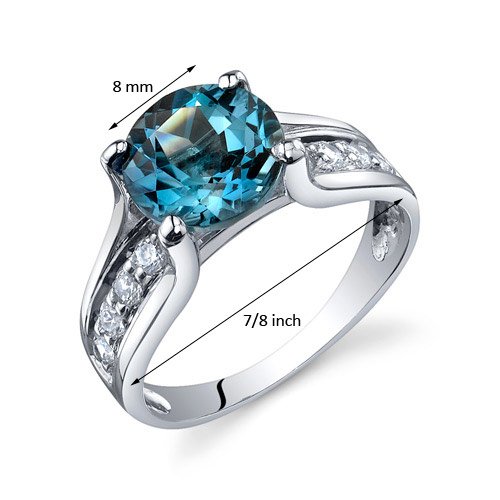 PEORA London Blue Topaz Cathedral Solitaire Ring for Women 925 Sterling Silver, Natural Gemstone Birthstone, 2.25 Carats Round Shape 8mm, Size 8