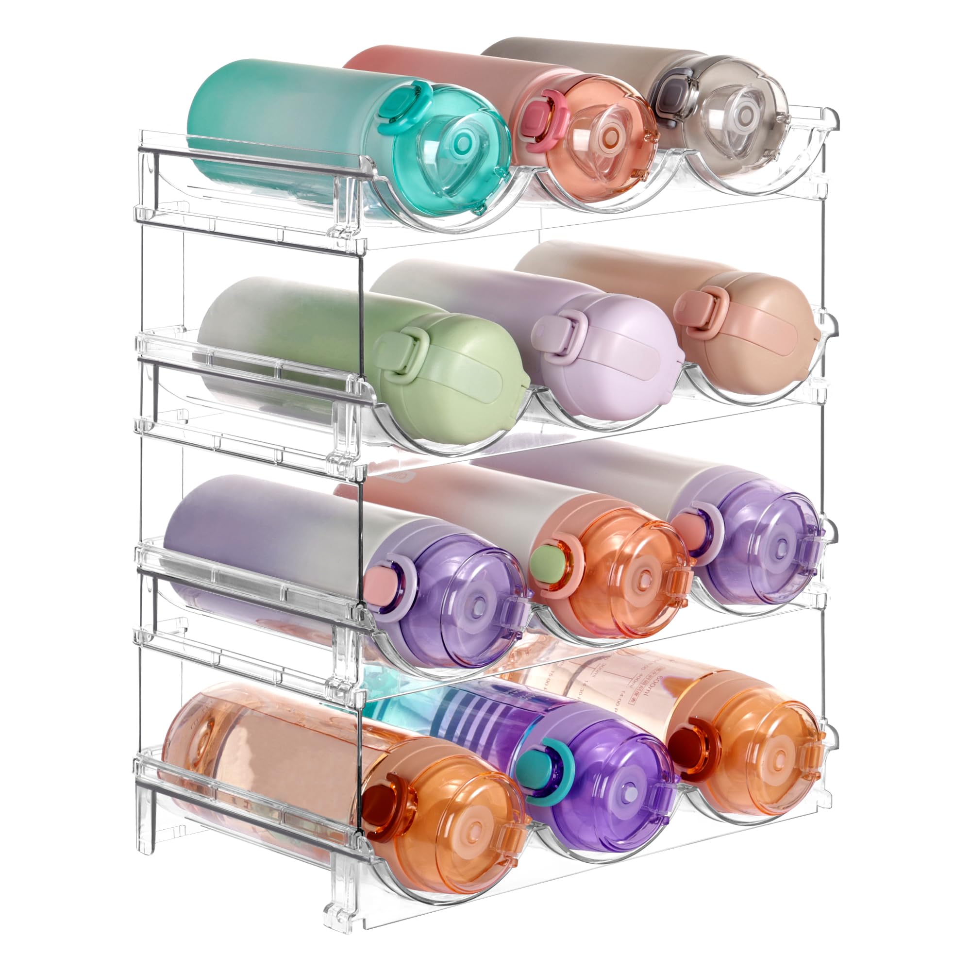 Vtopmart Stackable Water Bottle Organizer Holder, 4 Pack Clear Plastic Cup Storage Rack for Pantry Kitchen Cabinet Cupboard Countertop Organization and Storage, Hold 12 Bottles