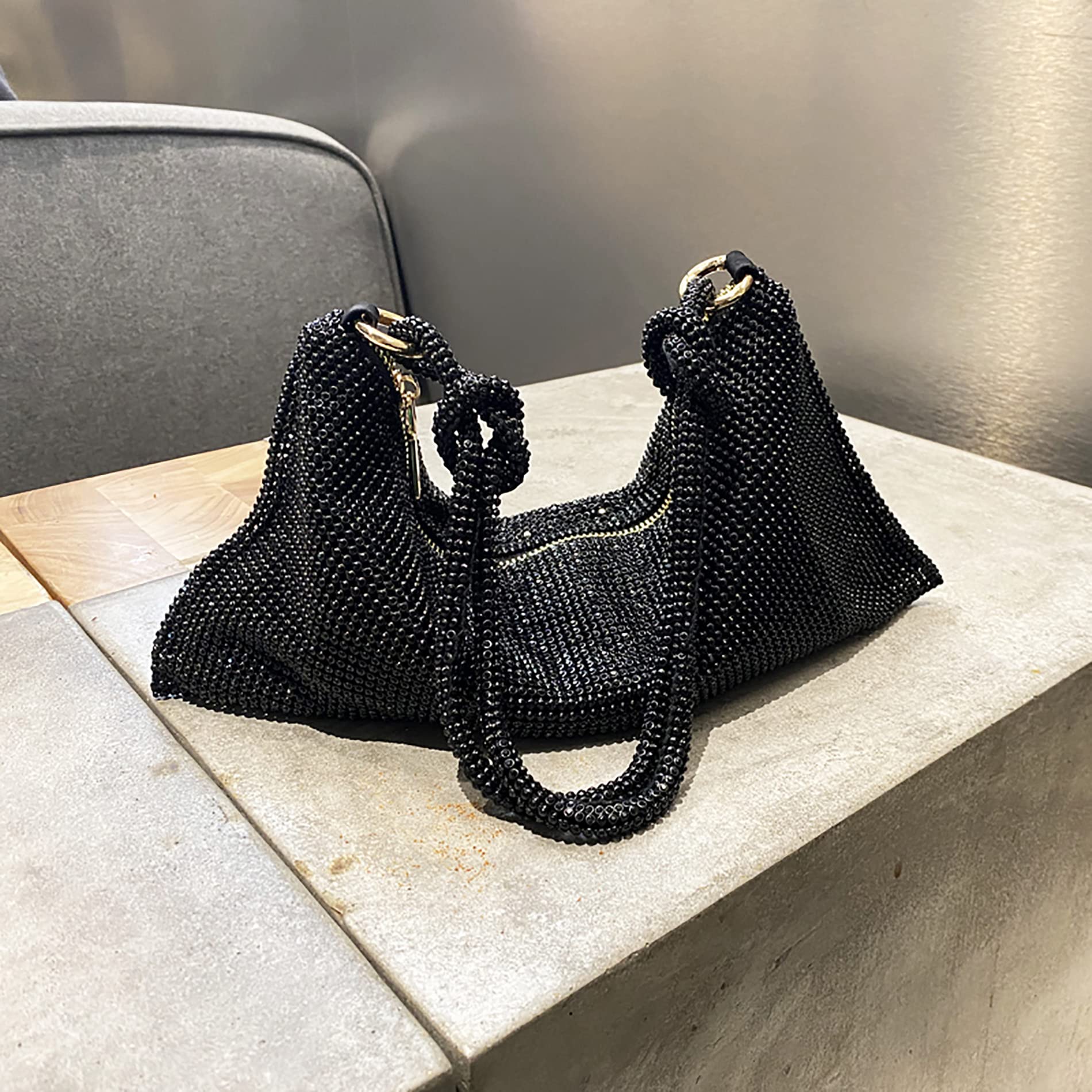 Women's Rhinestone Hobo Bag Chic Sparkly Rhinestone Clutch Purse Shiny Crystal Evening Handbag Black