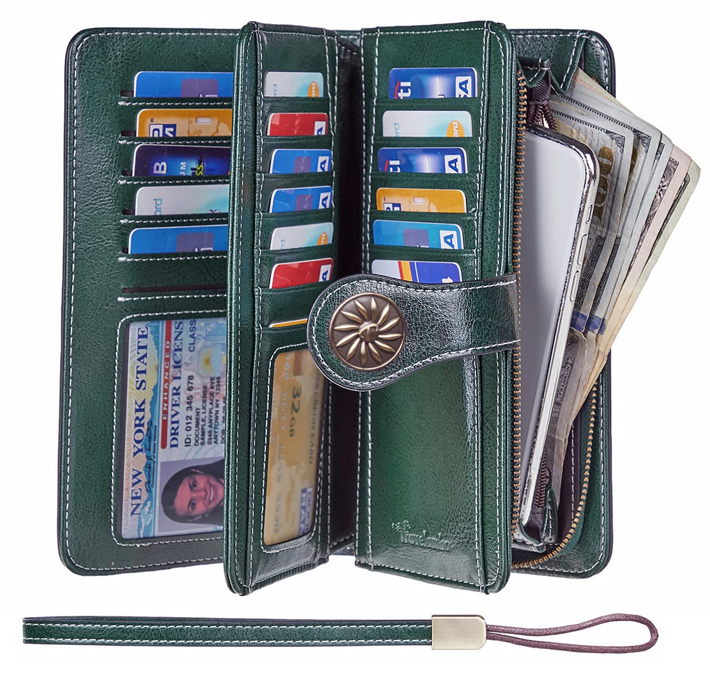 Travelambo Womens Wallet Large Capacity RFID Blocking Genuine Leather Wristlet Wallets(Green)