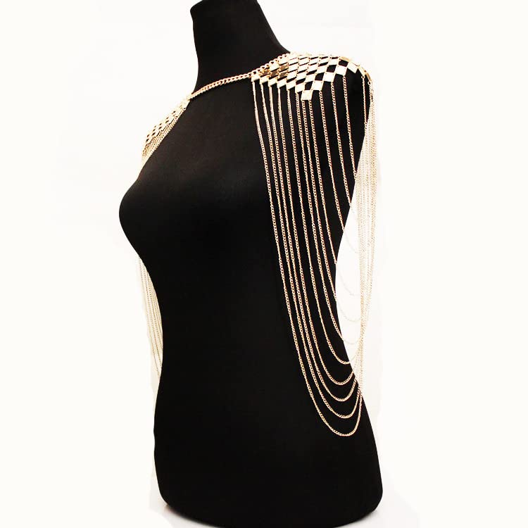 Women's Sexy Harness Body Chain Necklace Tassels Shoulder Chain Necklace (Gold)
