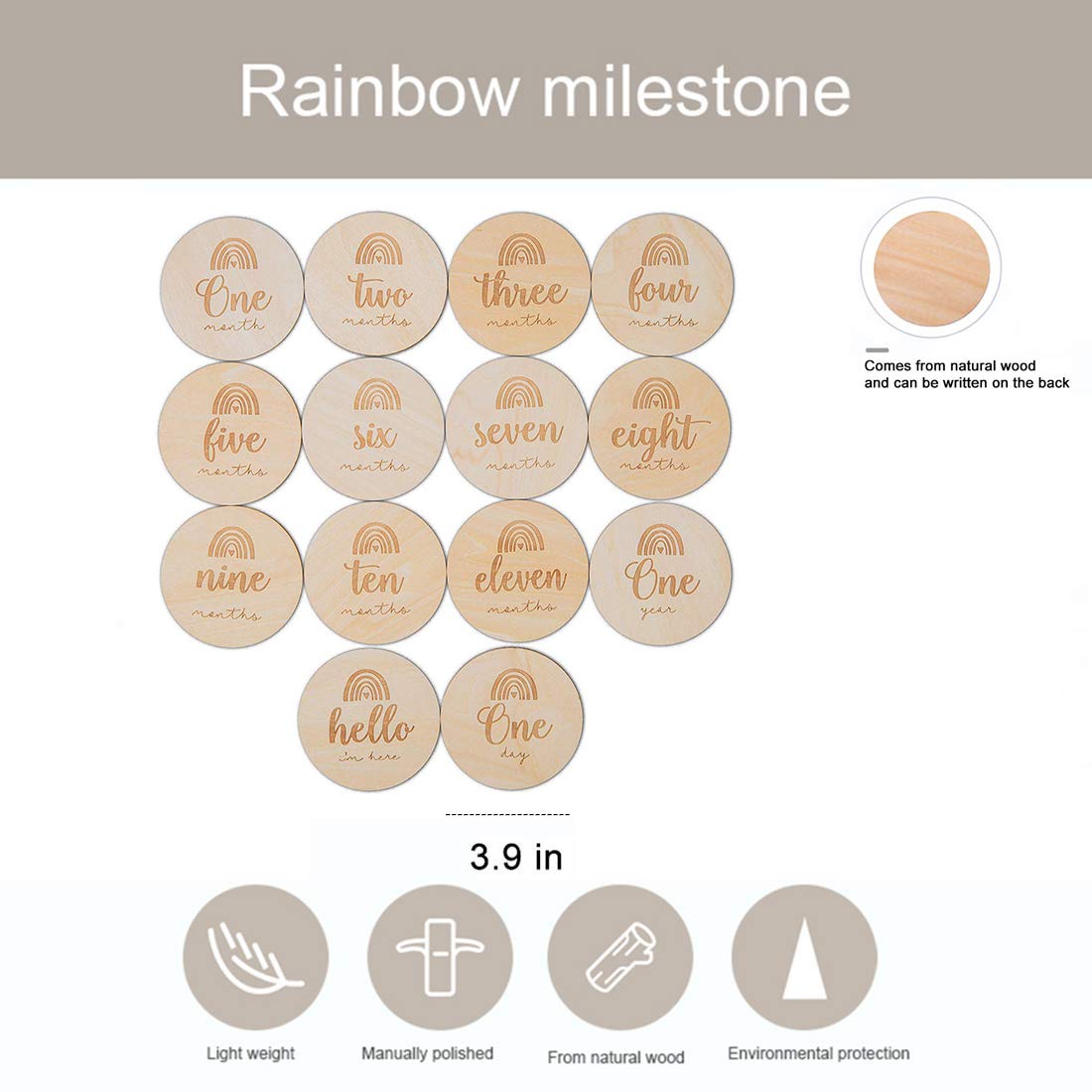 Wooden Baby Monthly Milestone, Double Sided Discs Round Wooden Milestone Baby Milestone Includes 14 Cards with Drawstring Bag (Rainbow Cards)