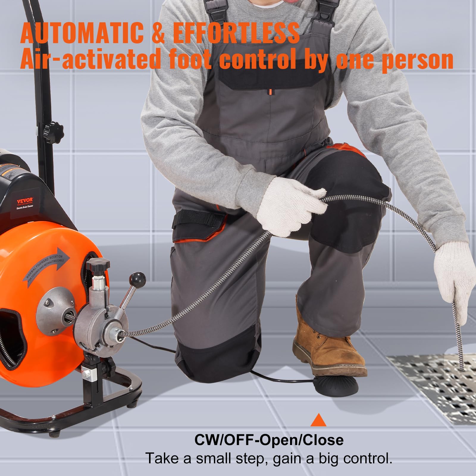 VEVOR Sewer Snake Machine 50FTx1/2Inch, Drain Cleaning Machine with 4 Wheels, Electri Drain Auger 4 Cutters & Foot Switch for 1''- 4''Pipes