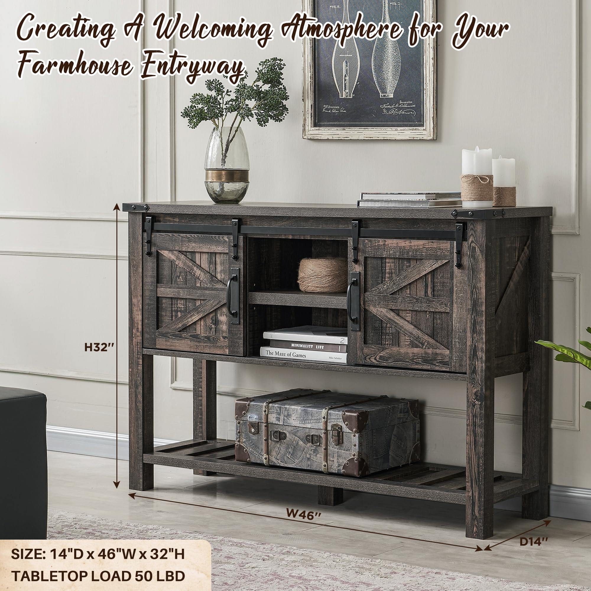 OKD Entryway Table with Sliding Barn Doors, 46" Farmhouse Console Table with Storage Shelf, Rustic Sofa Table Behind Couch, Entry Table for Hallway, Entry Way, Living Room, Foyer, Dark Rustic Oak