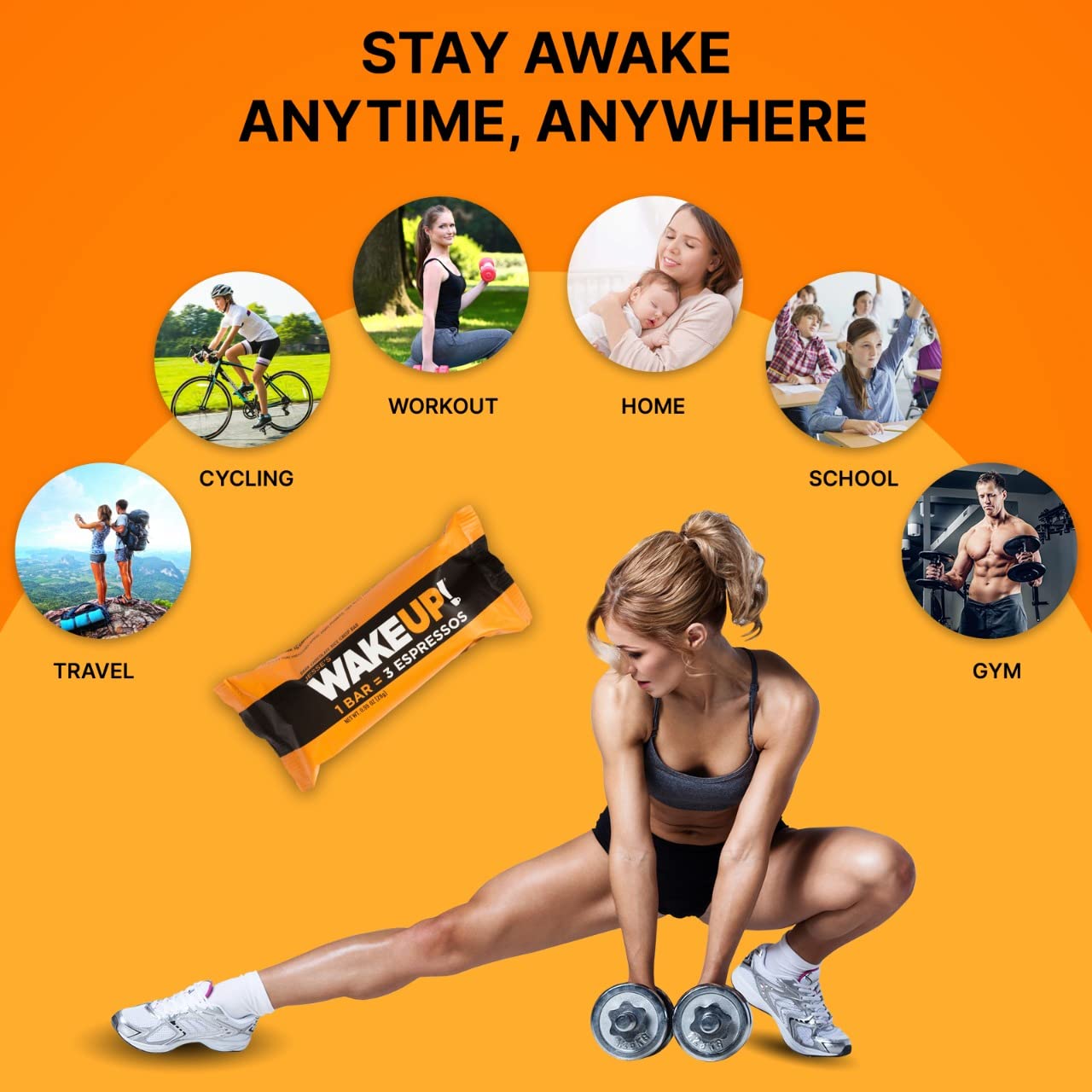 WAKE UP! Caffeinated Chocolate Protein Bars Gluten Free, Vegan, 350mg of Caffeine Energy, Kosher to help Boost Focus and Clarity (1 Bar = 3 Espressos) 6 Pack