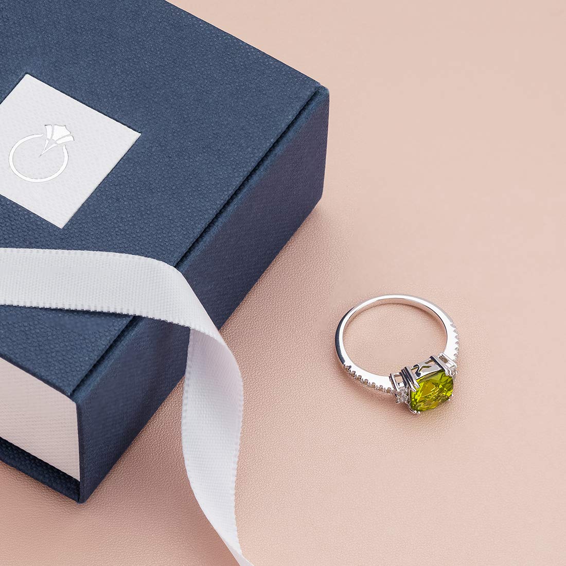 PEORA Peridot Ring for Women in 14K White Gold with White Topaz, Natural Gemstone Birthstone, Designer 2.53 Carats total, 8mm Cushion Cut, Comfort Fit, Size 5