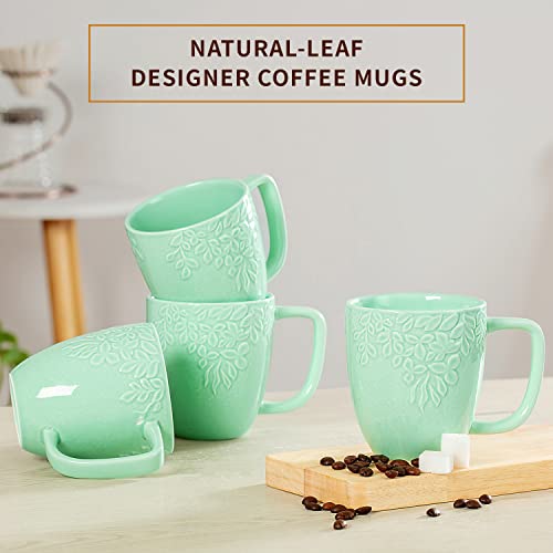 toptier Coffee Mugs Set of 4, 16 Ounce Ceramic Mug Coffee Mugs with Large Handle for Men, Women, Leaf Design Coffee Cups Gift for Coffee, Tea, Milk, Cocoa, Cereal, Green