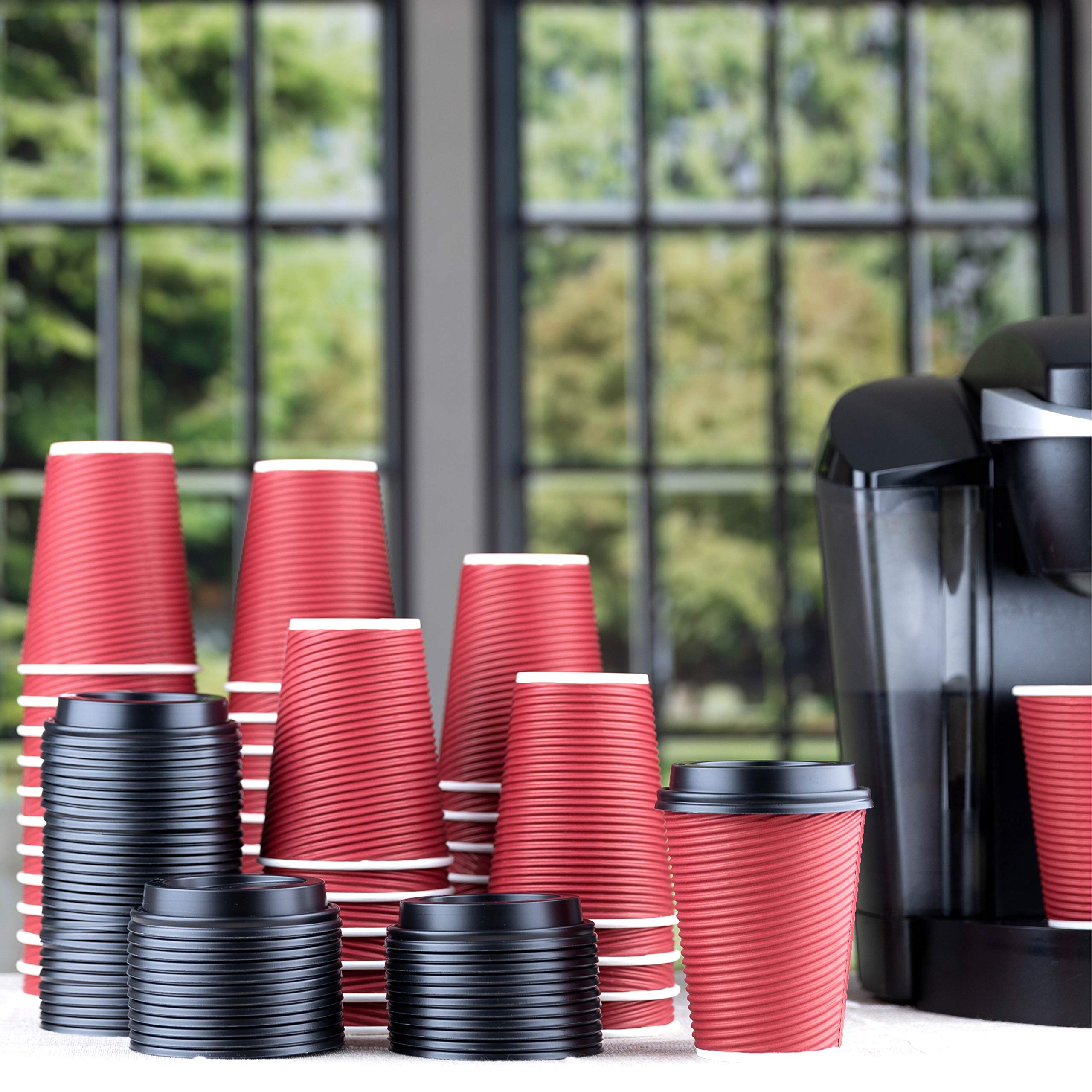 PLASTICPRO [50 Sets - 12 oz.] Insulated Rippled Double Wall Paper Hot Coffee Cups With Lids, Burgundy
