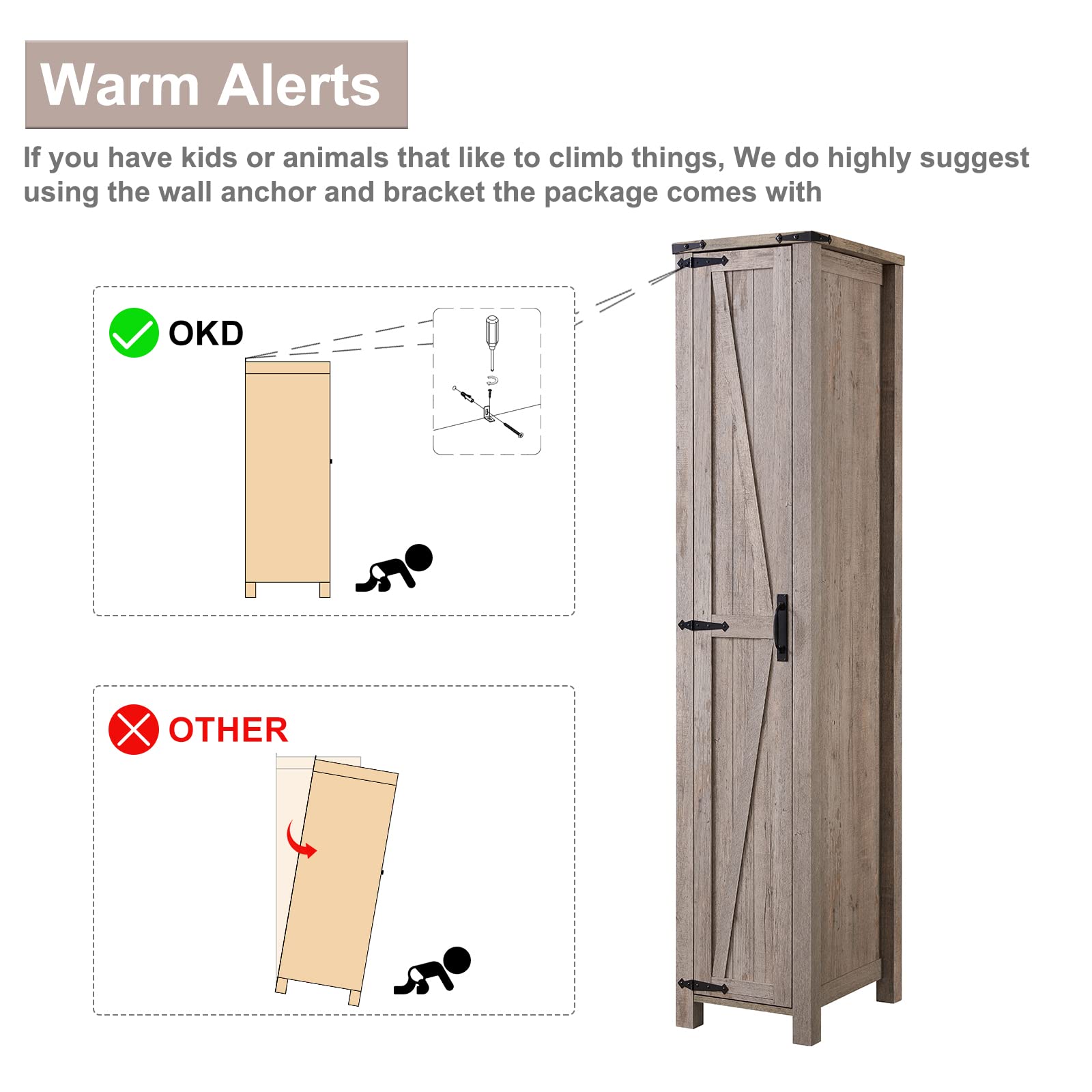 OKD Storage Cabinet, Farmhouse Bathroom Organizer w/Adjustable Shelves, Narrow Kitchen Pantry w/Barn Door, Versatile Storage w/Hanging Rod for Home, Laundry, Utility Room, Light Rustic Oak