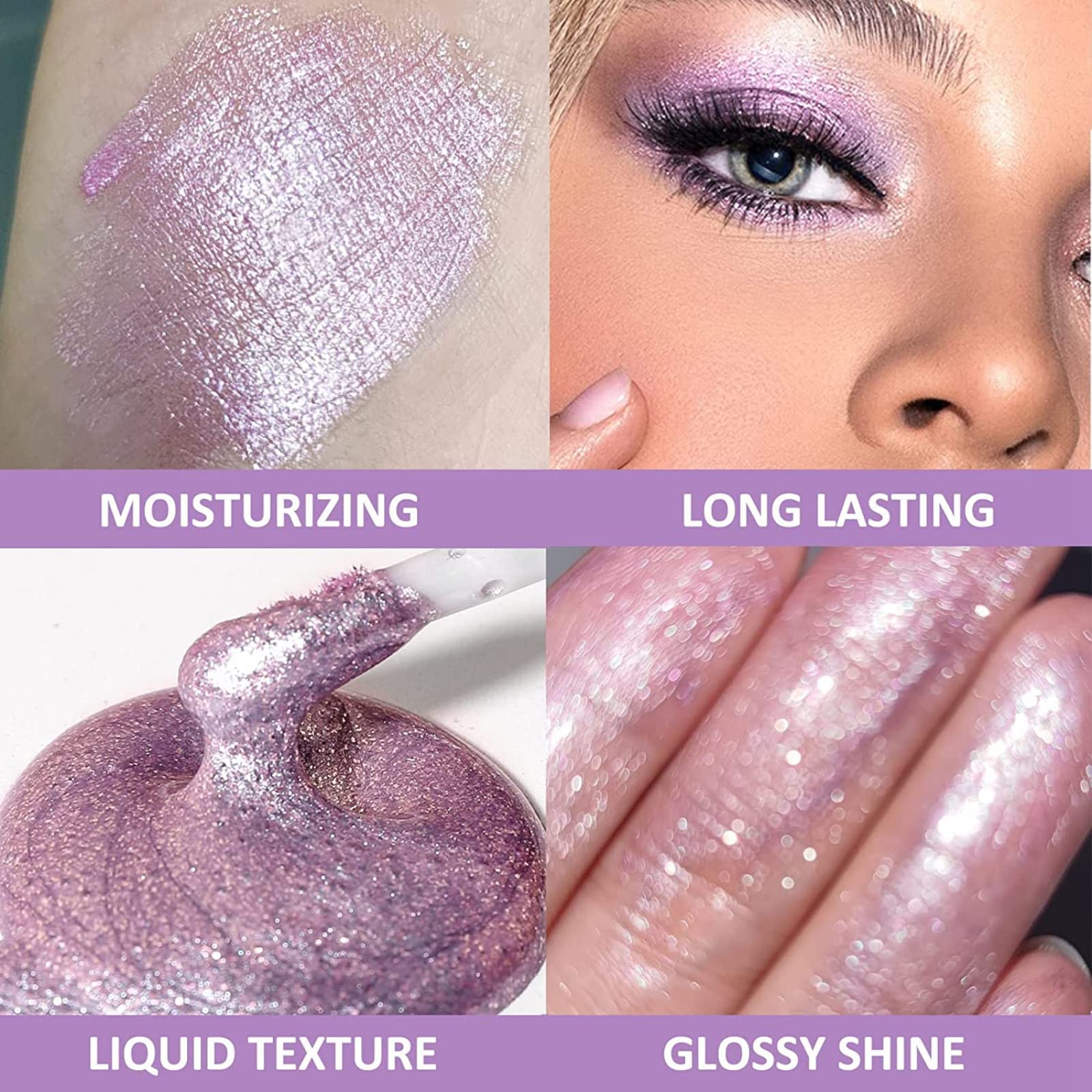 Rosarden Liquid Glitter Eyeshadow, Violet Liquid Eye Glitter, Purple Liquid Eyeshadow, Metallic Eyeshadow Makeup, Sparkling Eye Shadow Shimmer Glitter Highlighter, Quick Drying Long Lasting-Light Purple