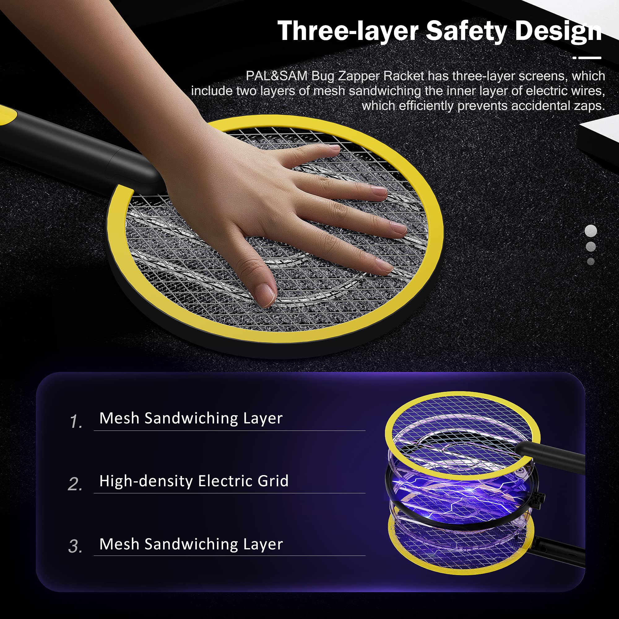 PAL&SAM Bug Zapper, Mosquito Killer USB/Rechargeable, Electric Fly Swatter Lamp & Racket 2 in 1 for Home, Bedroom, Kitchen, Patio (Black&Yellow)
