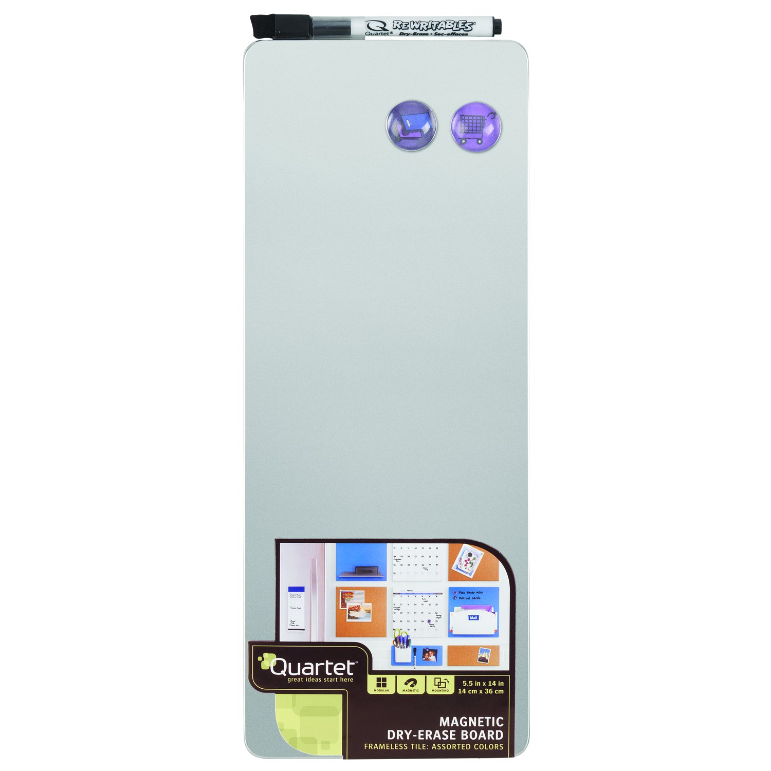 Quartet Magnetic Whiteboard Tile, 5-1/2" x 14" Dry Erase Board, White Board, Frameless, Frameless, Silver (85401-SL)