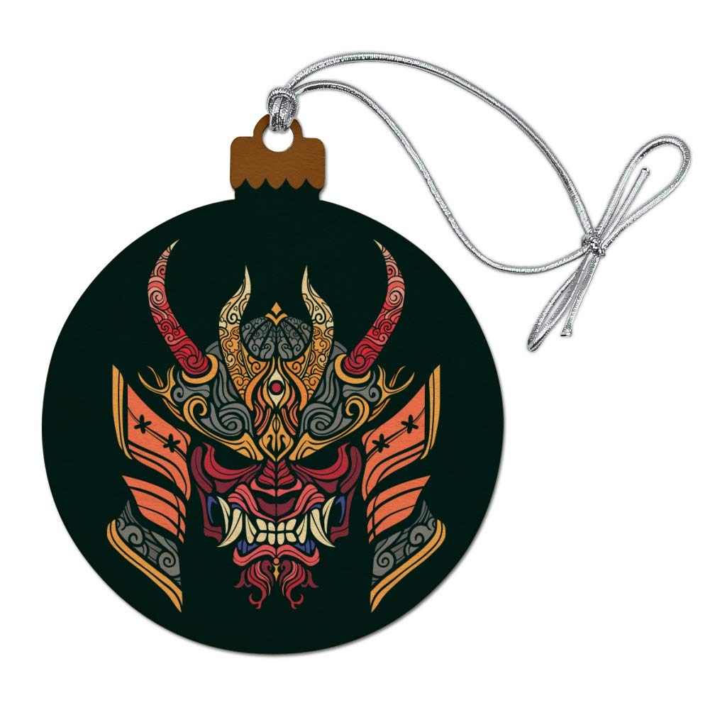 Samurai Warrior Japanese Demon Oni Mask Wood Christmas Tree Holiday Ornament