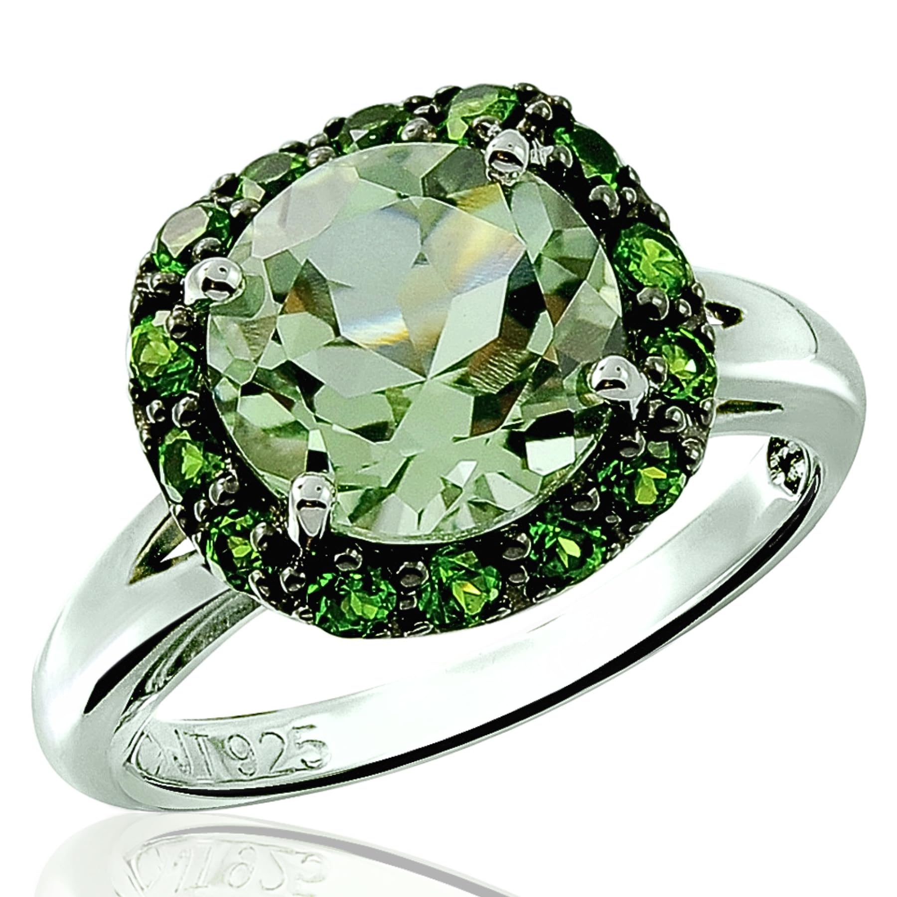 RB Gems Sterling Silver 925 Ring GENUINE GEMS 3.30 Cts, Round 9 mm, RHODIUM-PLATED Finish, Flower Style (8, prasiolite-quartz)