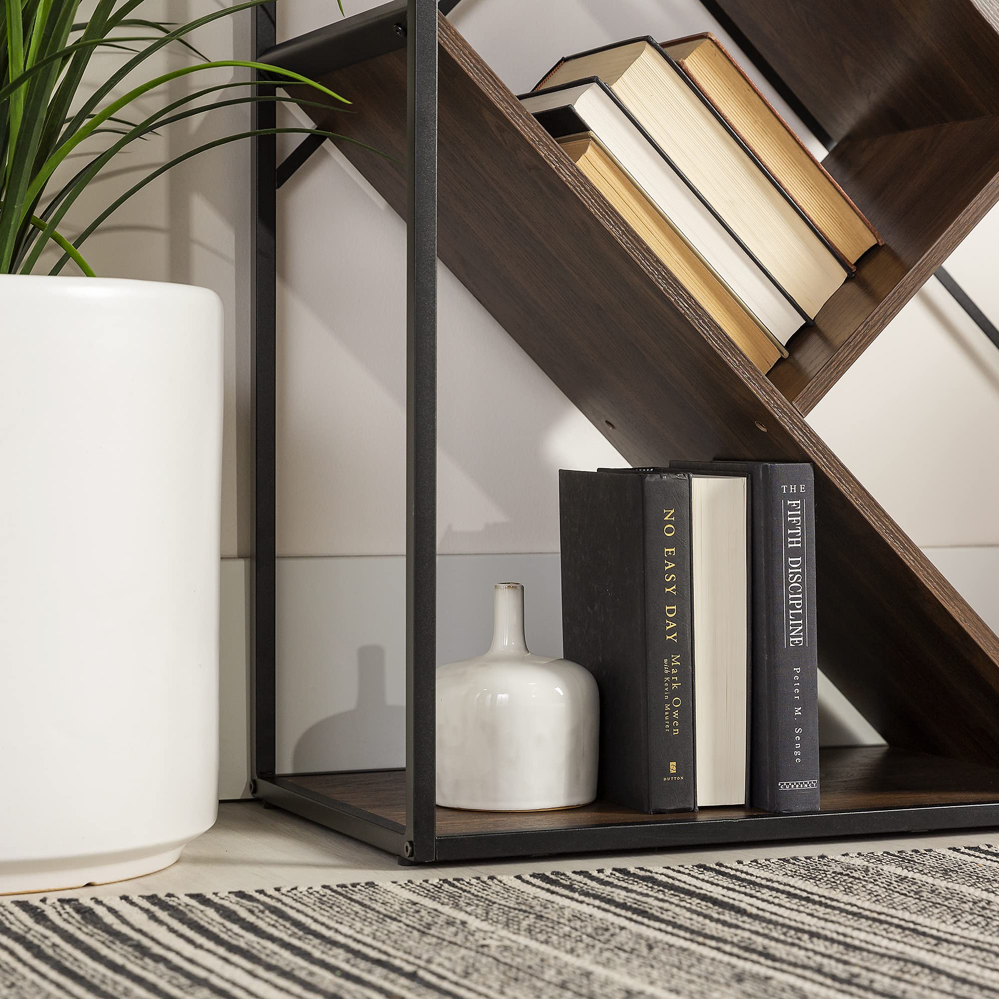 Walker Edison Modern V-Shaped Open Shelf Metal Wood Bookcase Tall Bookshelf Storage Home Office, 68 Inch, Dark Walnut