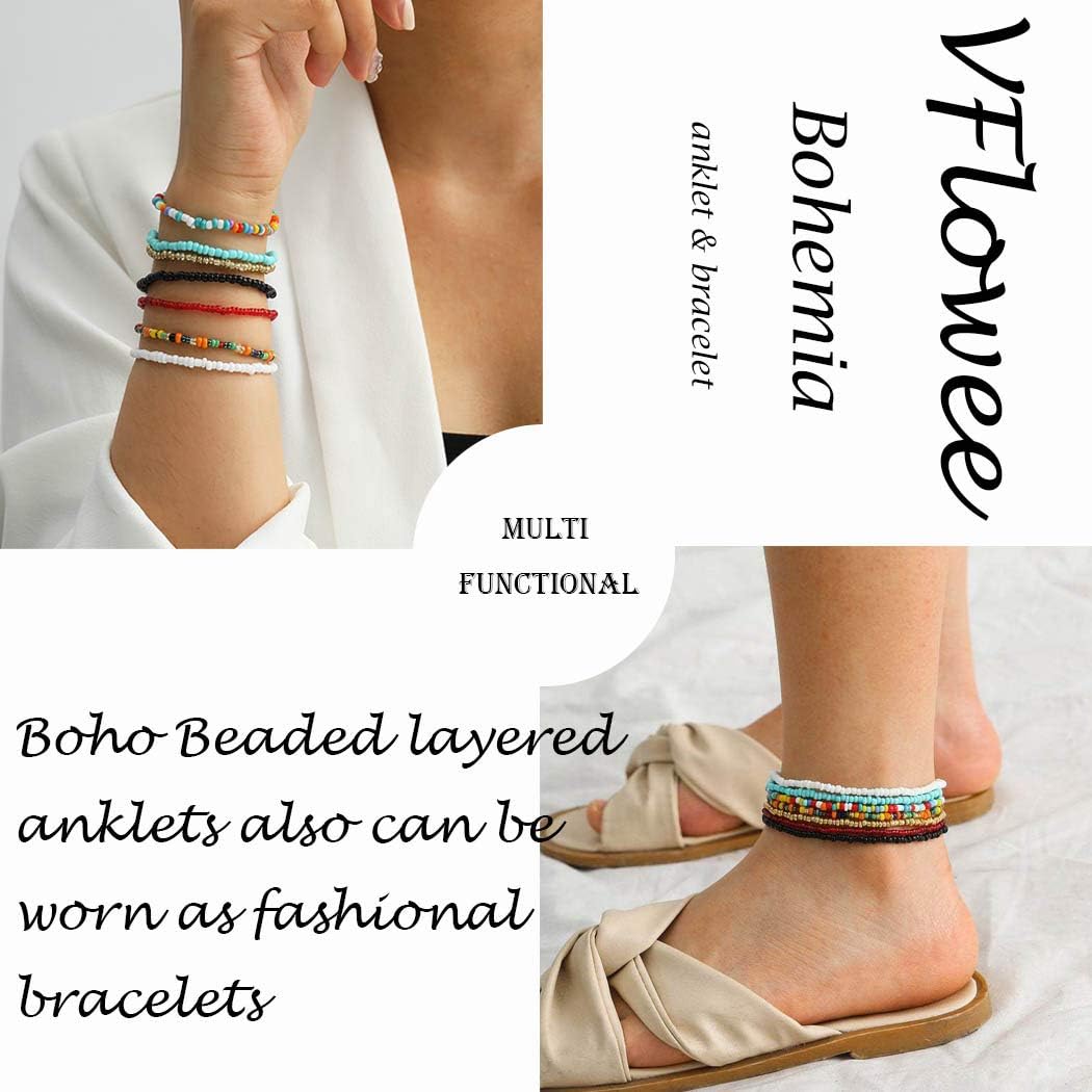 VFlowee Boho Handmade Beaded African Anklets Multicolor Women Stretch Seed Beads Rainbow Ankle Bracelets Glass Bead Bracelet Elastic Foot and Hand Chain Jewelry (7PCS)