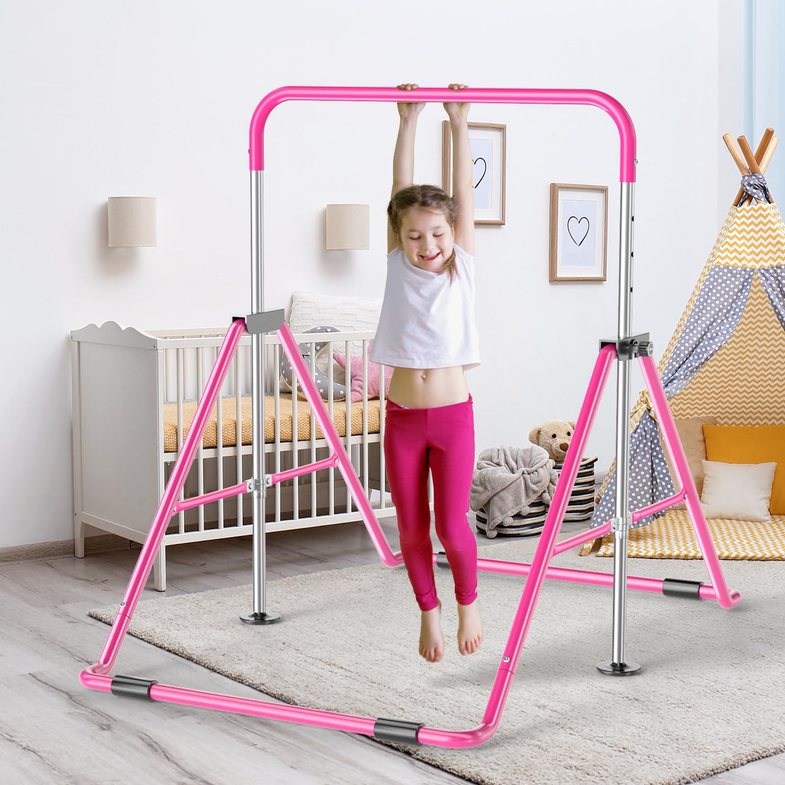 Safly Fun Gymnastics Bar for Kids, Adjustable Height Horizontal Bar Foldable Gymnastic Junior Training Bar Kip Bar for Home Using Gymnastics Equipment Indoor