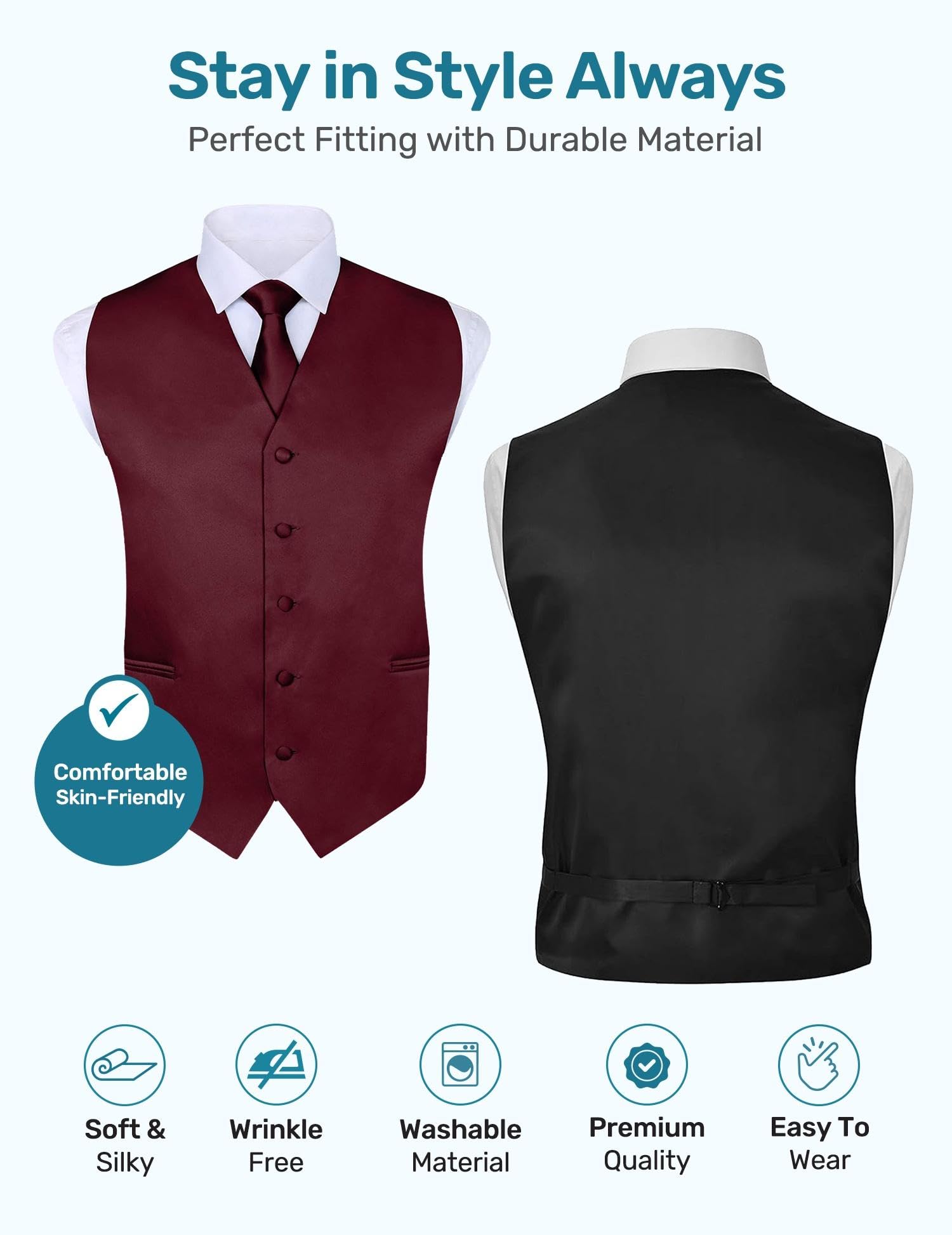 S.H. Churchill & Co. Men's 4 Piece Vest Set, with Bow Tie, Neck Tie & Pocket Hankie - Burgundy, XL