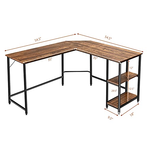Tangkula Industrial L-Shaped Computer Desk, Space-Saving Corner Desk with Storage Bookshelves & Adjustable Foot Pads, Home Office Desk Study Workstation for Home Office