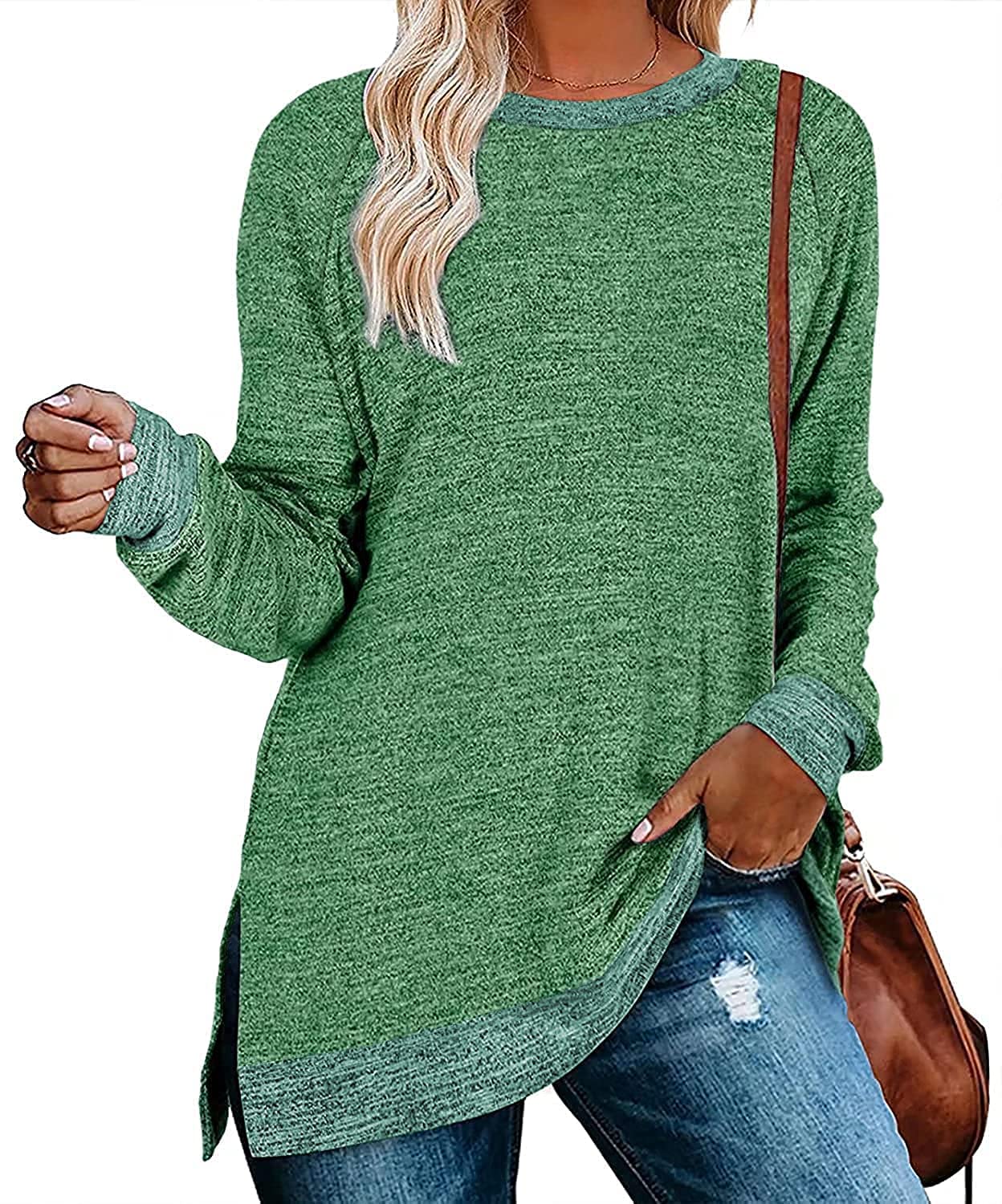 WELINCO Women's Long Sleeve Sweatshirts Color Block Crewneck Sweaters Tunic Tops(Green X-Large)