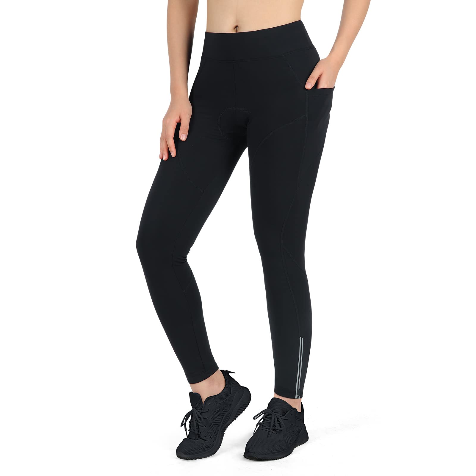 Women's Thermal Fleece Cycling Pants Padded Cold Weather Compression Bike Tights Winter Long Bicycle Pants with Pockets(BlackL,L)