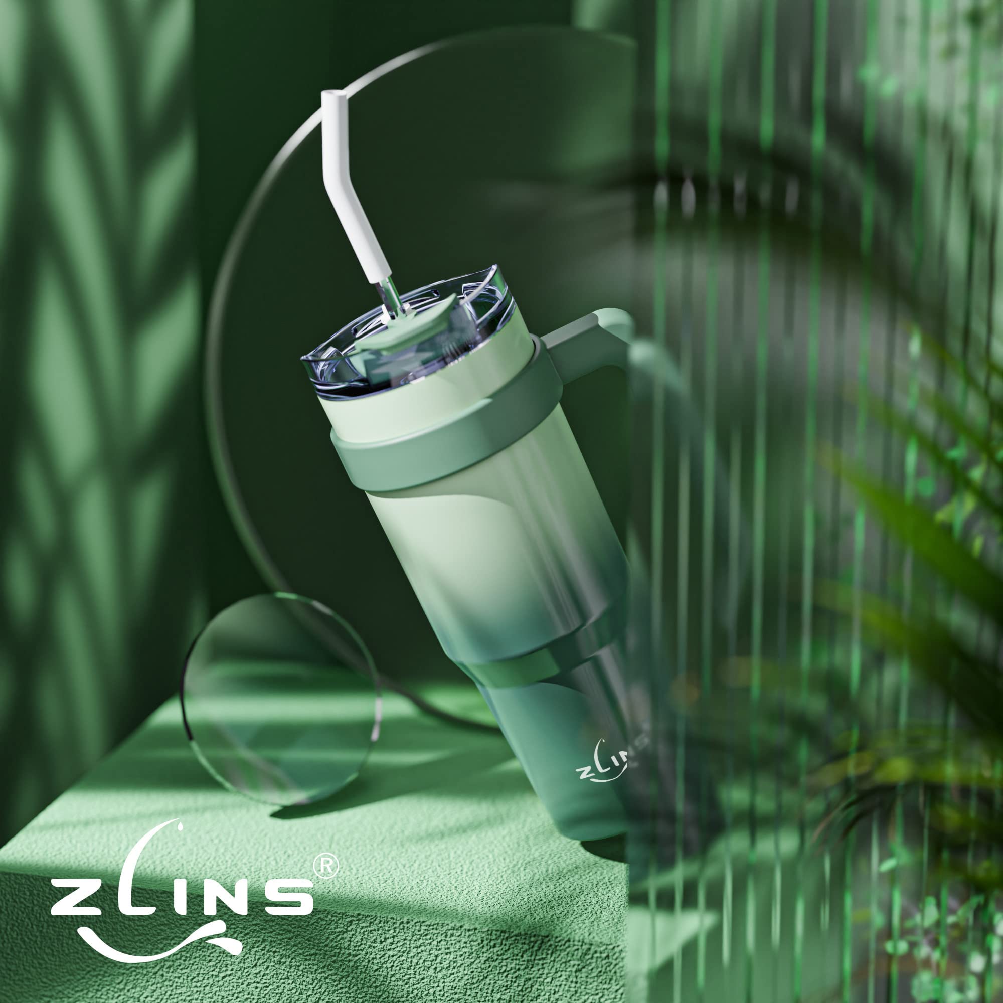 ZLINS 40 oz Tumbler with Handle Lid and Straw, Vacuum Insulated Cup, Leak Proof Stainless Steel Coffee Travel Mug, Reusable, Keeps Cold or Hot for Hours(Green Ombre)