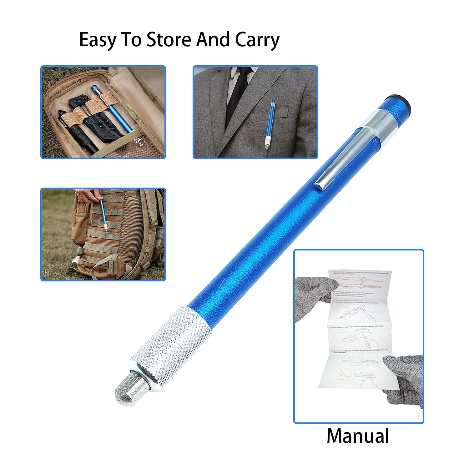 Serrated Knife Sharpener mini, Retractable Diamond Knife Sharpener, Outdoor Knife Sharpener Sharpens all Gardening Tools. Multi-use Hunting/Camping/Fishing and Kitchen Blue