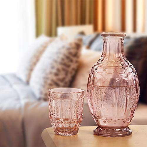 Zanzer Pink/Purple Vintage Bedside Night Carafe Set with Glass Tumbler Perfect for Storing Water, Juice and Other Drinks on Desktop/Shelf