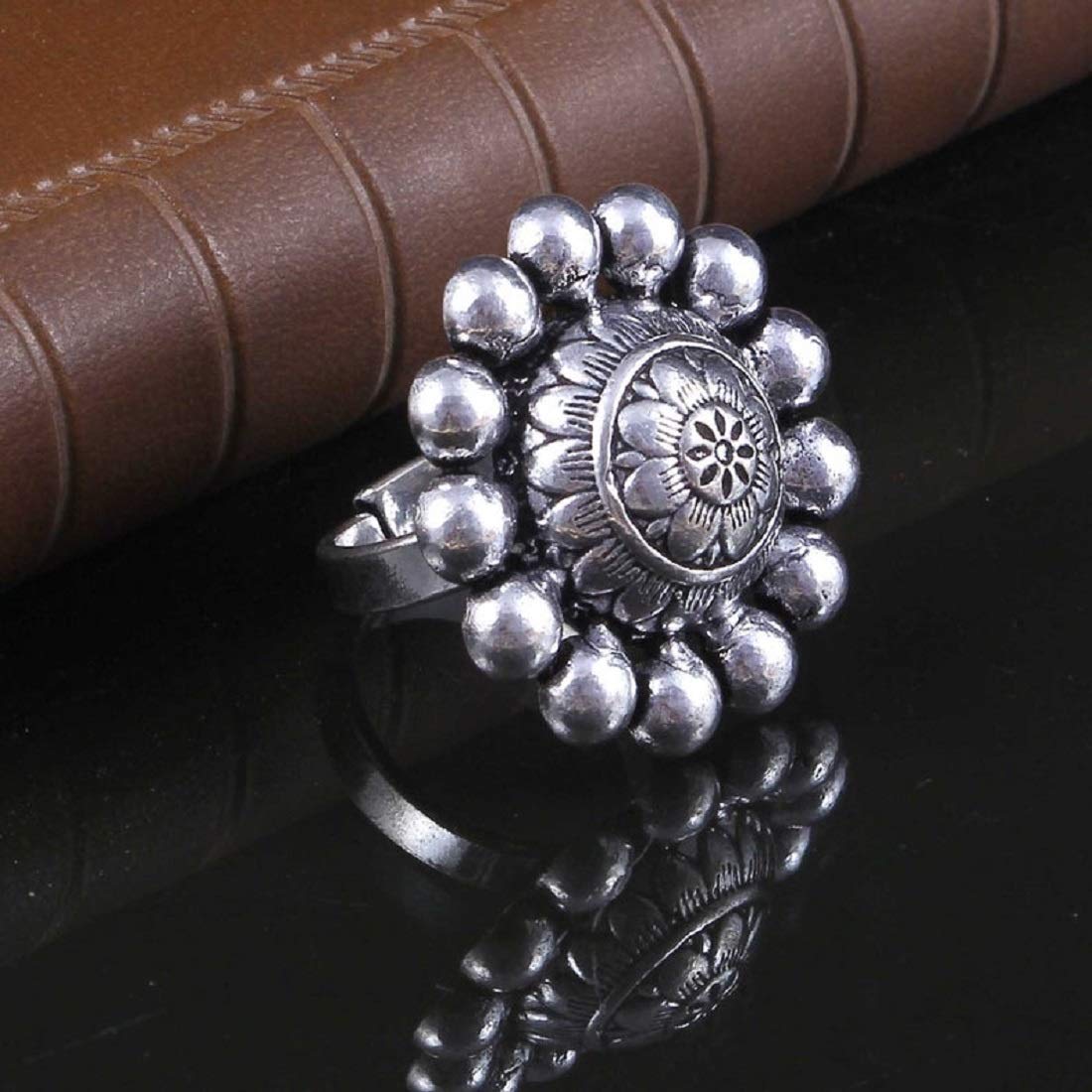 Saissa Silver Tone Oxidized Metal Adjustable Ring Indian Jewelry for Women