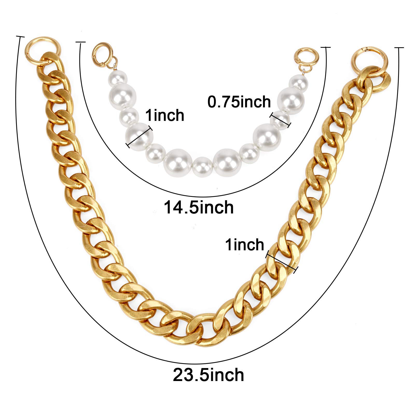 Purse Replacement Chains with Clasp Cenoz 2PCS DIY Heavy Chunky Aluminum Metal Chain Imitation Pearl Bead Purse Strap Handbag Chain Accessories for Bag Decoration (Gold and Pearl White)