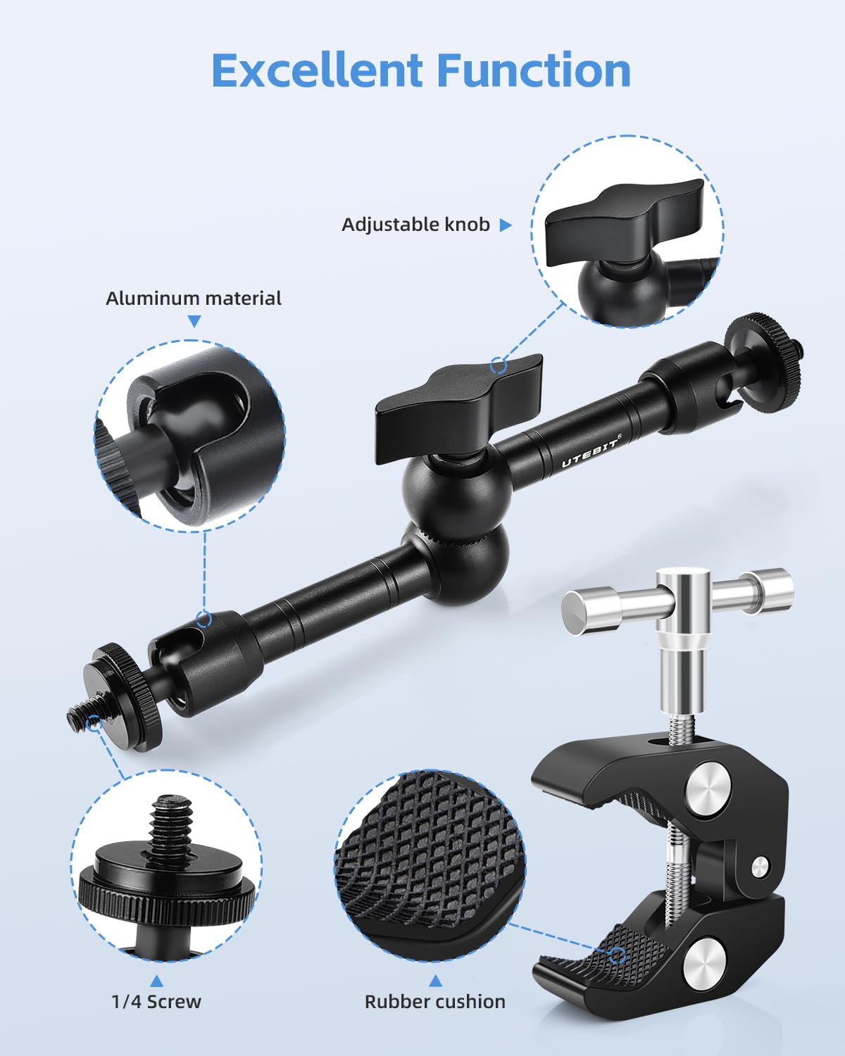 UTEBIT Adjustable Magic Arm with Super Clamp,9 inch with 1/4" and 3/8" Thread,Articulating Arm Clamp Friction Power Arm Crab Screw Kit for LCD Monitor, LED Light, Flash Light, Camera Rig