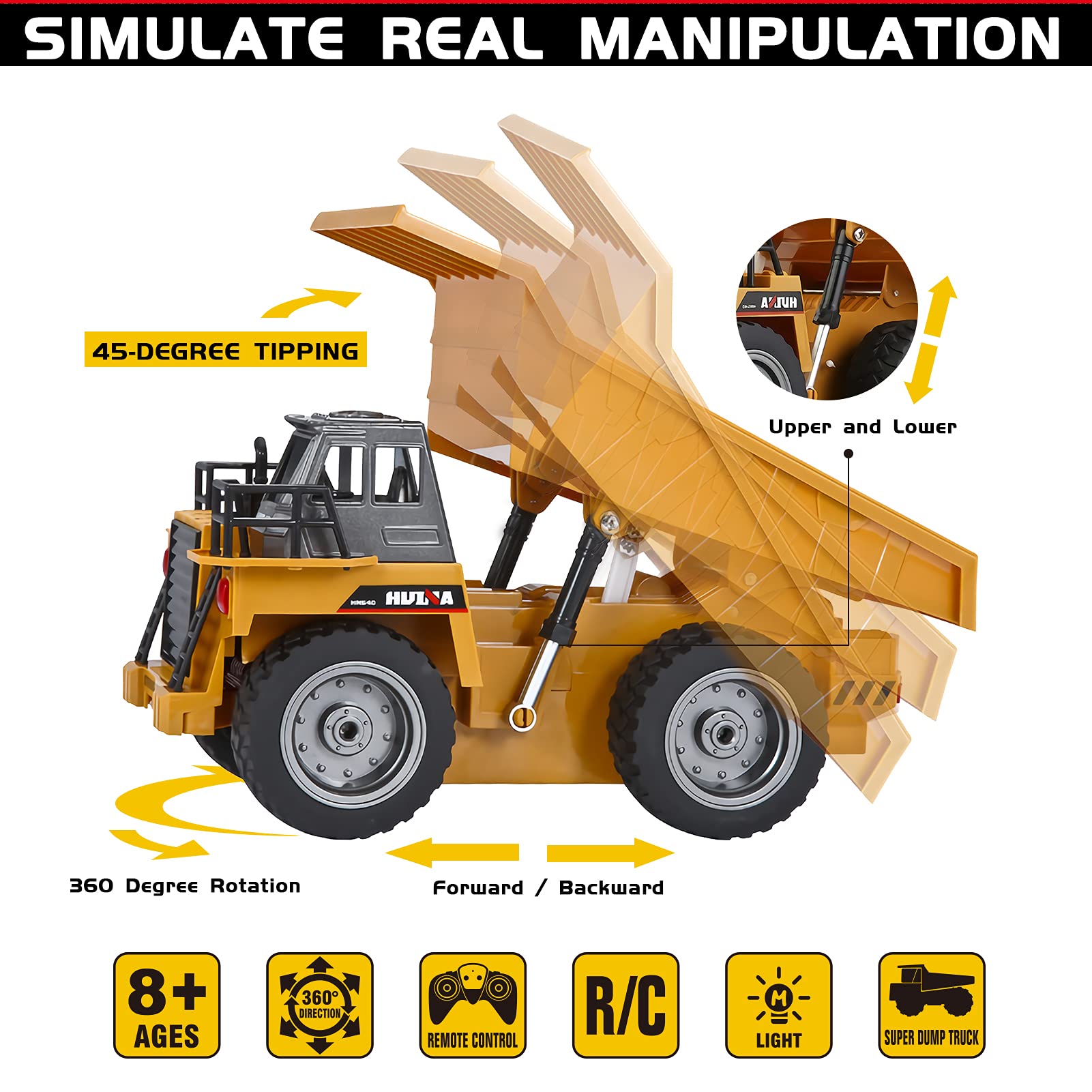 TEMA1985 Remote Control Truck, 1/18 Scale 6 Channel 2.4Ghz RC Dump Truck Construction Vehicle Toy with LED Lights and Simulation Sound for Kids
