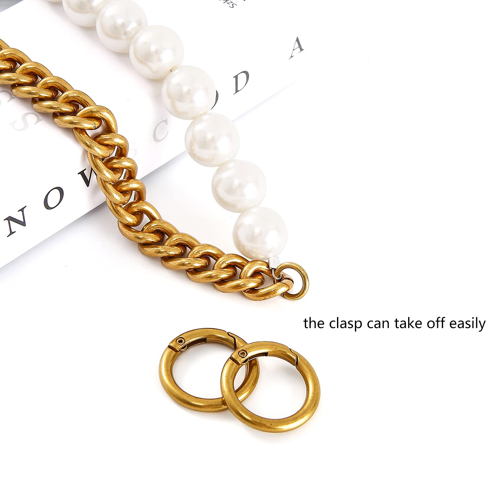 Purse Strap Short Pearl with Metal Handle Bag Chain Replacement,Handbag Purse Making Accessory Decoration (Antique Gold)
