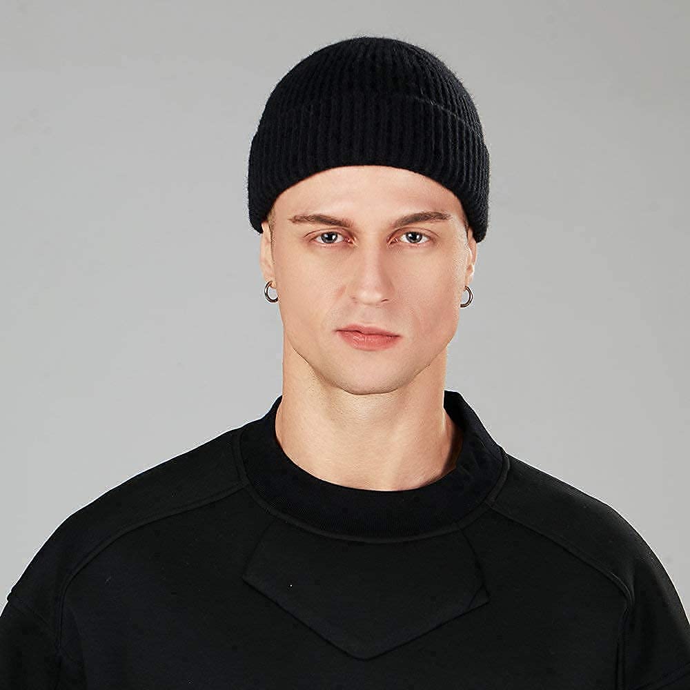 ROYBENS Swag Wool Knit Cuff Short Fisherman Beanie for Men Women, Winter Warm Hats, Black