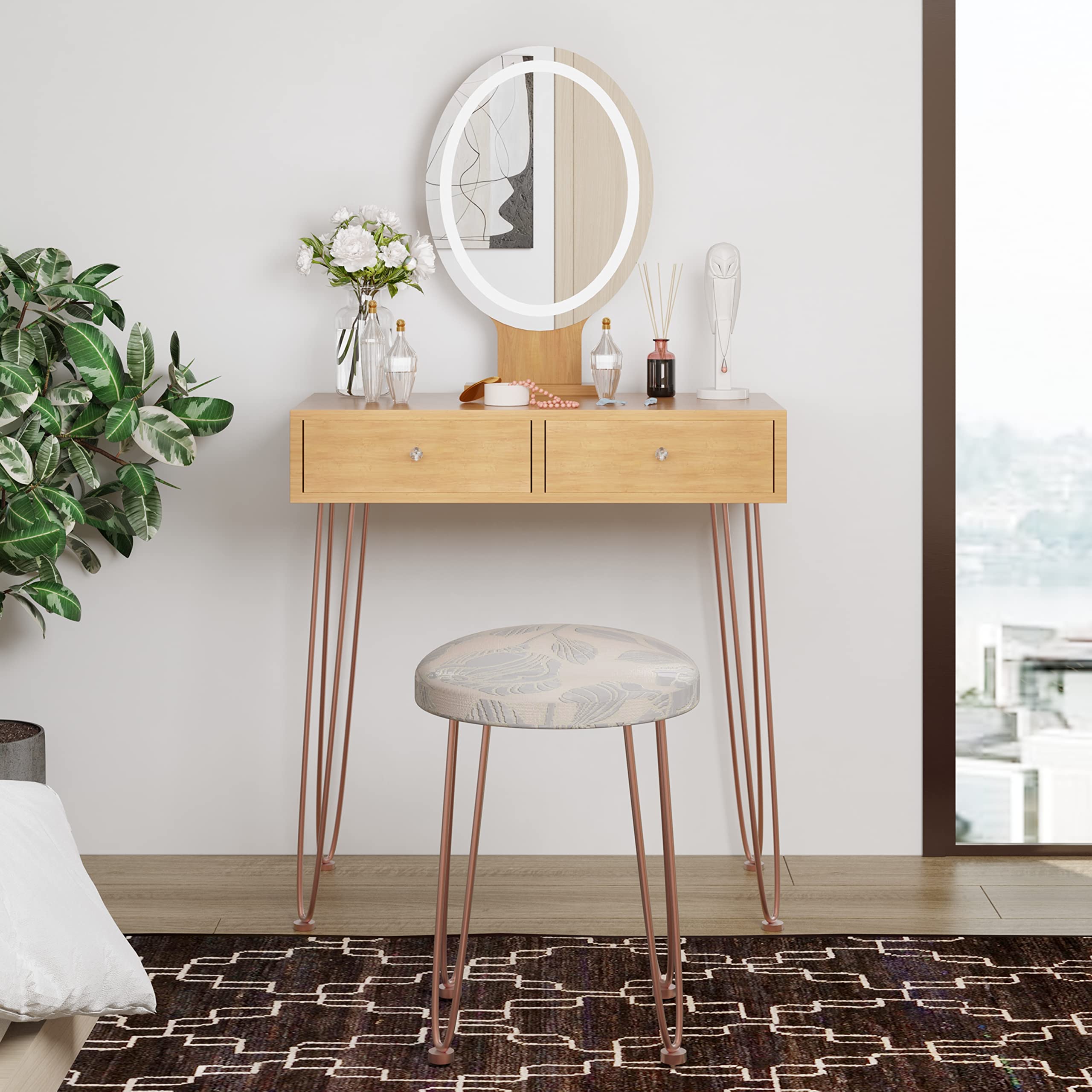 Petfu Vanity Set, Dressing Table and Chair with 3-Color Dimmable Lighted Mirror, Makeup Desk with 2 Drawers and Padded Stool, Natural