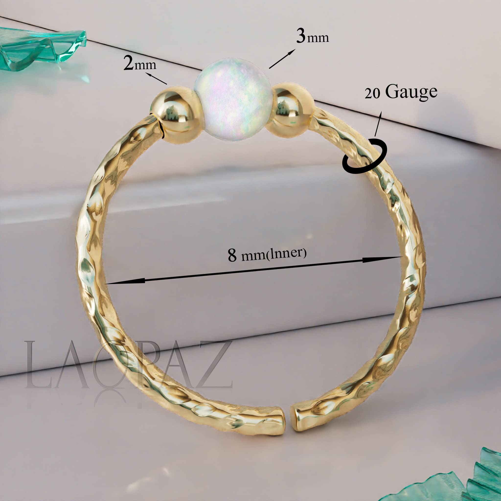Tragus Earring Piercing 14K Gold Filled - Tiny 20 Gauge Twist Wire Ear Hoop - Shiny White Opal Gold Beads - 7mm Diameter 0.2 Inches Tragus Ear Ring