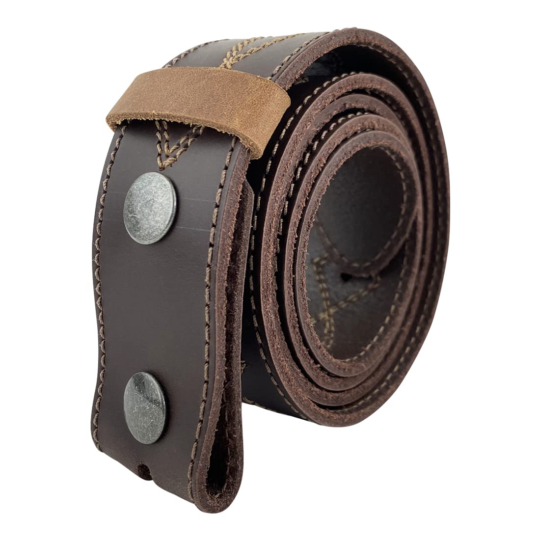 Western Leather Works, Rustic No Buckle Belt with Cowboy Stitching Handmade from Full Grain Leather - Snap On Belt (34)