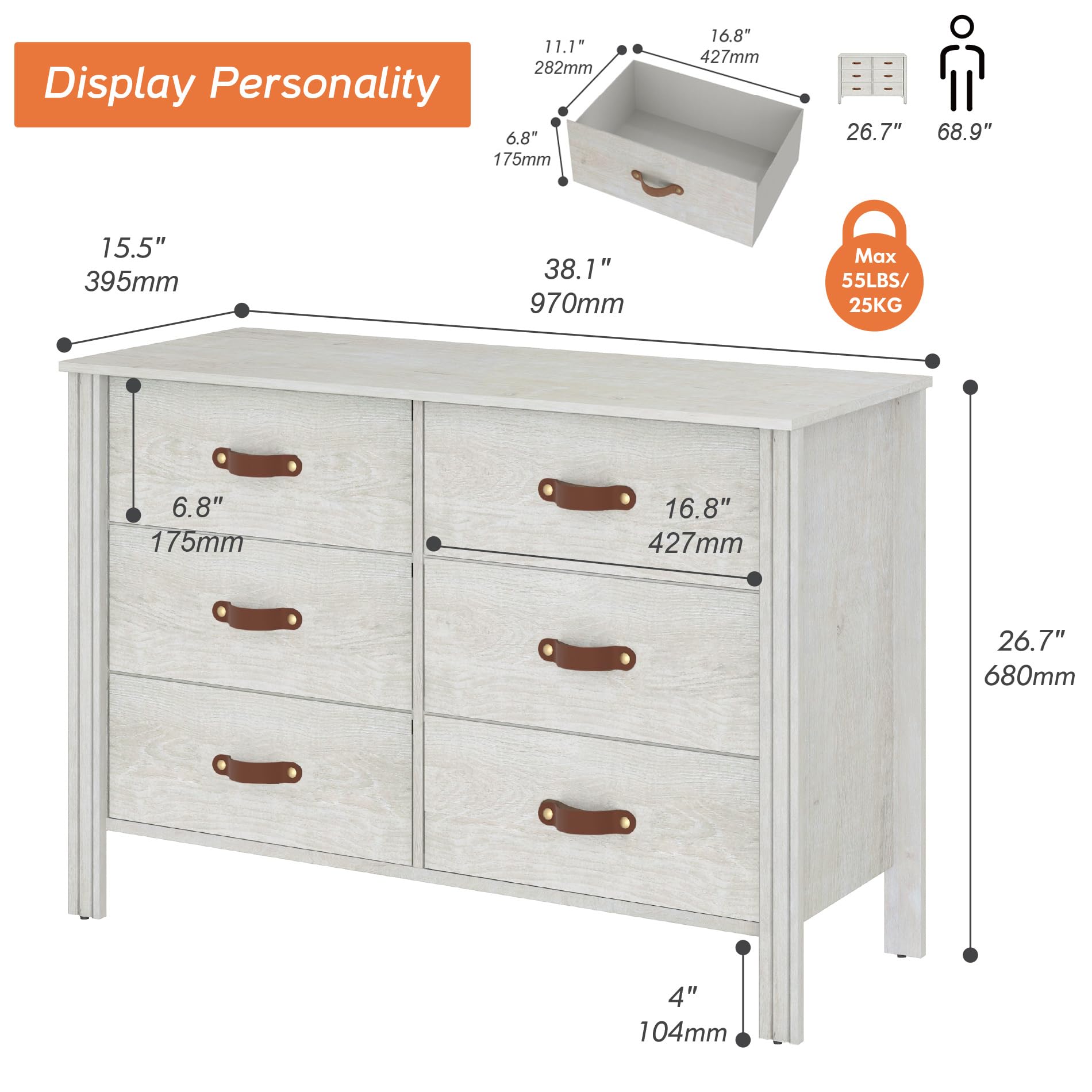 WAMPAT Kids Dresser for Bedroom, White Dresser with 6 Drawers, Baby Closet Storage Organizer Dressers & Chest of Drawers for Nursery, Living Room, Hallway