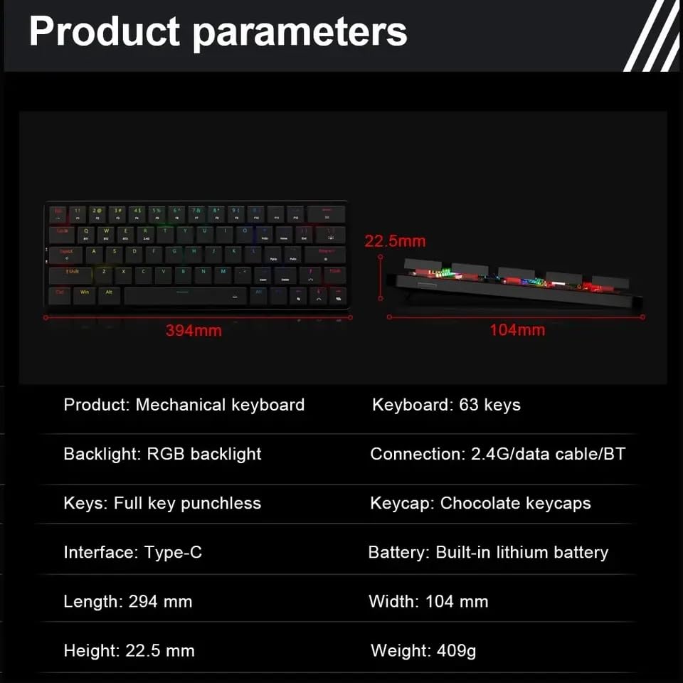 Redragon K624 60% Low Profile Slim Mechanical Gaming Keyboard Wired/Wireless 2.4G and Bluetooth hot swappable Slient Red Switches Backlit RGB with White Black 2 Sets of Keycap