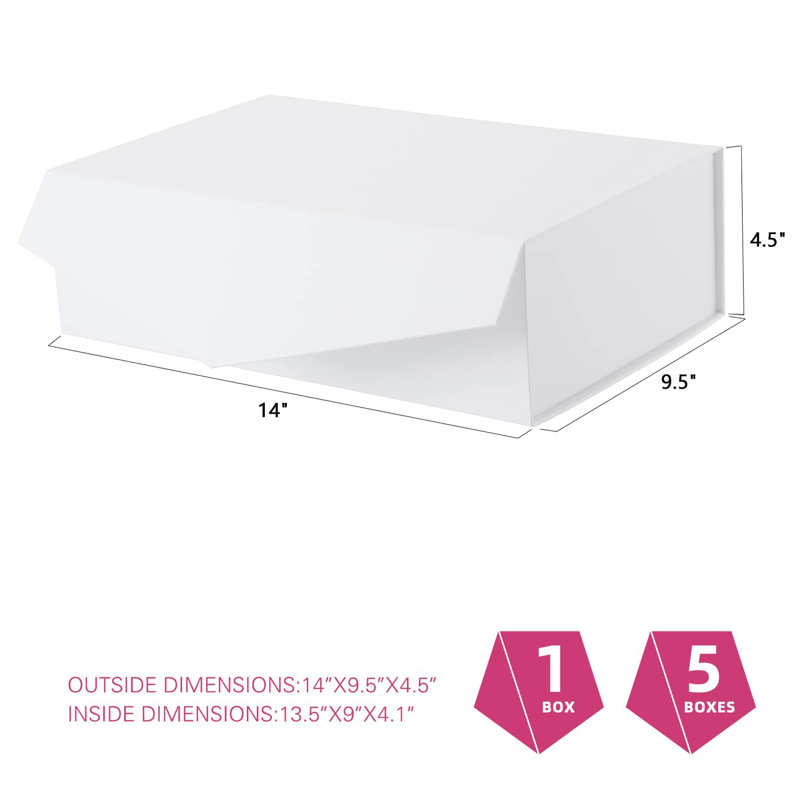 PACKQUEEN 5 White Gift Boxes, Large Gift Boxes with Lids, 13.5x9x4.1 Inches Magnetic Closure Gift Boxes for Presents, Bridesmaid Proposal Boxes (Matte White with Grain Texture)