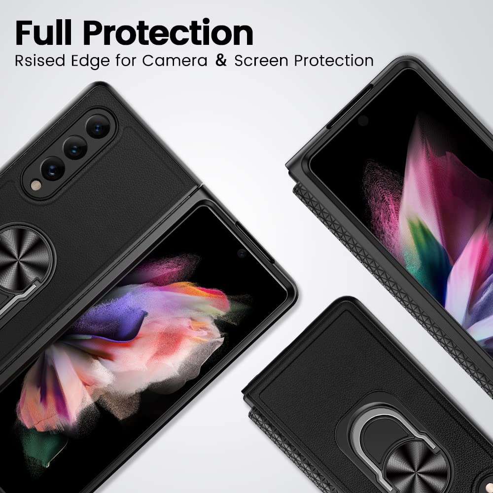 VEGO for Galaxy Z Fold 3 Case with Hinge Protection, Built-in 360°Rotate Ring Stand Magnetic Cover Case for Samsung Galaxy Z Fold 3 5G (2021) - Black