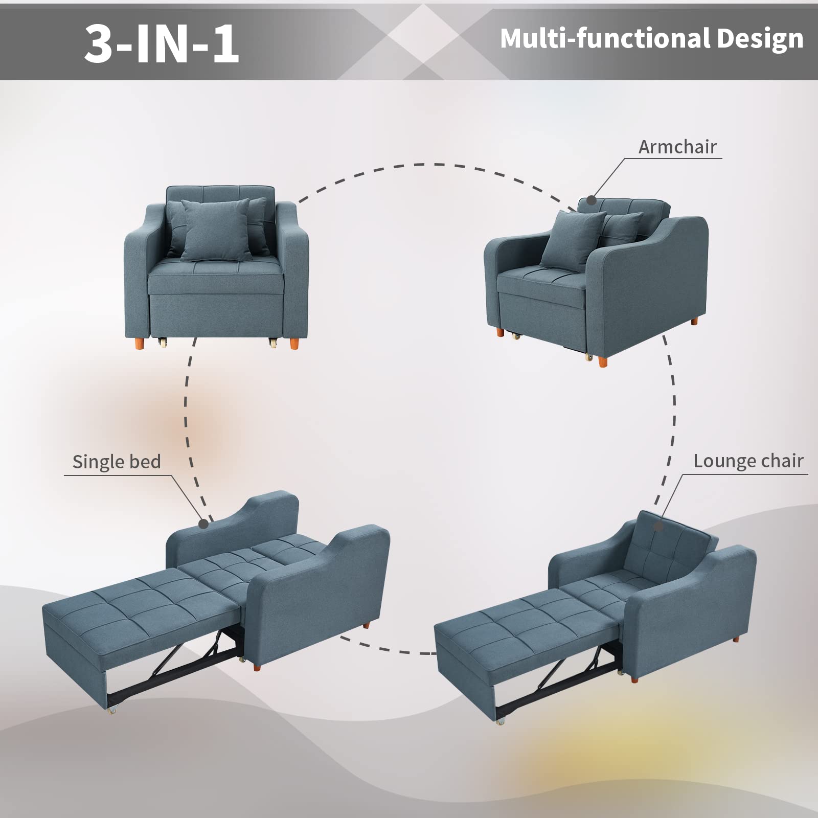 Vicluke Convertible Chair Bed, 3-in-1 Sleeper Chair Bed with Adjustable Backrest, Linen Pull Out Sofa Bed with 2 Pillows, Folding Single Bed Armchair for Apartment, Living Room (Bluish Grey)