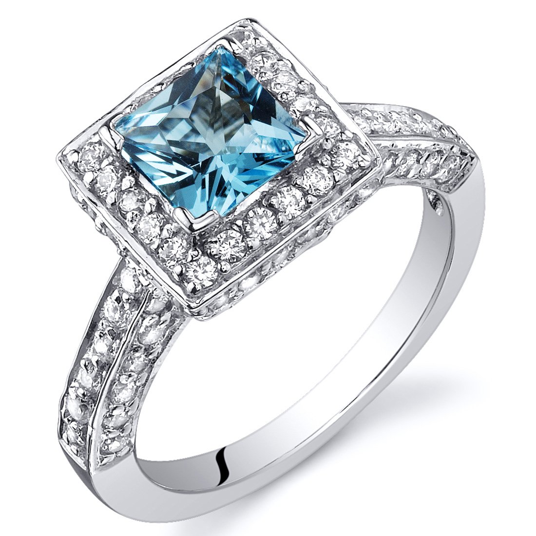 PEORA Swiss Blue Topaz Promise Ring in Sterling Silver Ring, Vintage Halo Design, Princess Cut, 5mm, 1.00 Carat total, Comfort Fit, Size 7